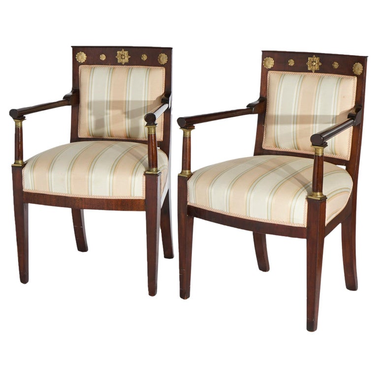 Antique Pair French Empire Mahogany Arm Chairs with Gilt Bronze Mounts ...