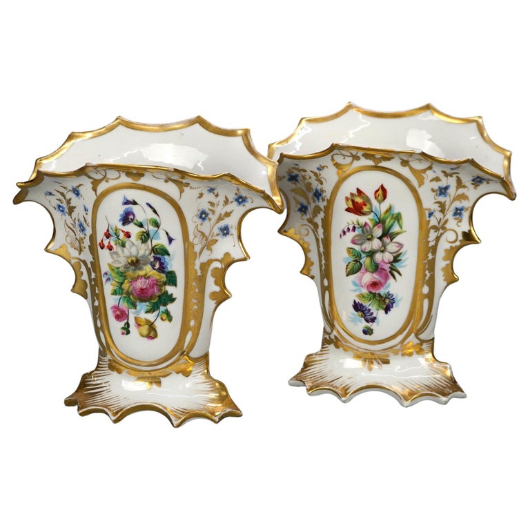 Antique Pair French Old Paris Porcelain Hand Painted Floral and Gilt ...