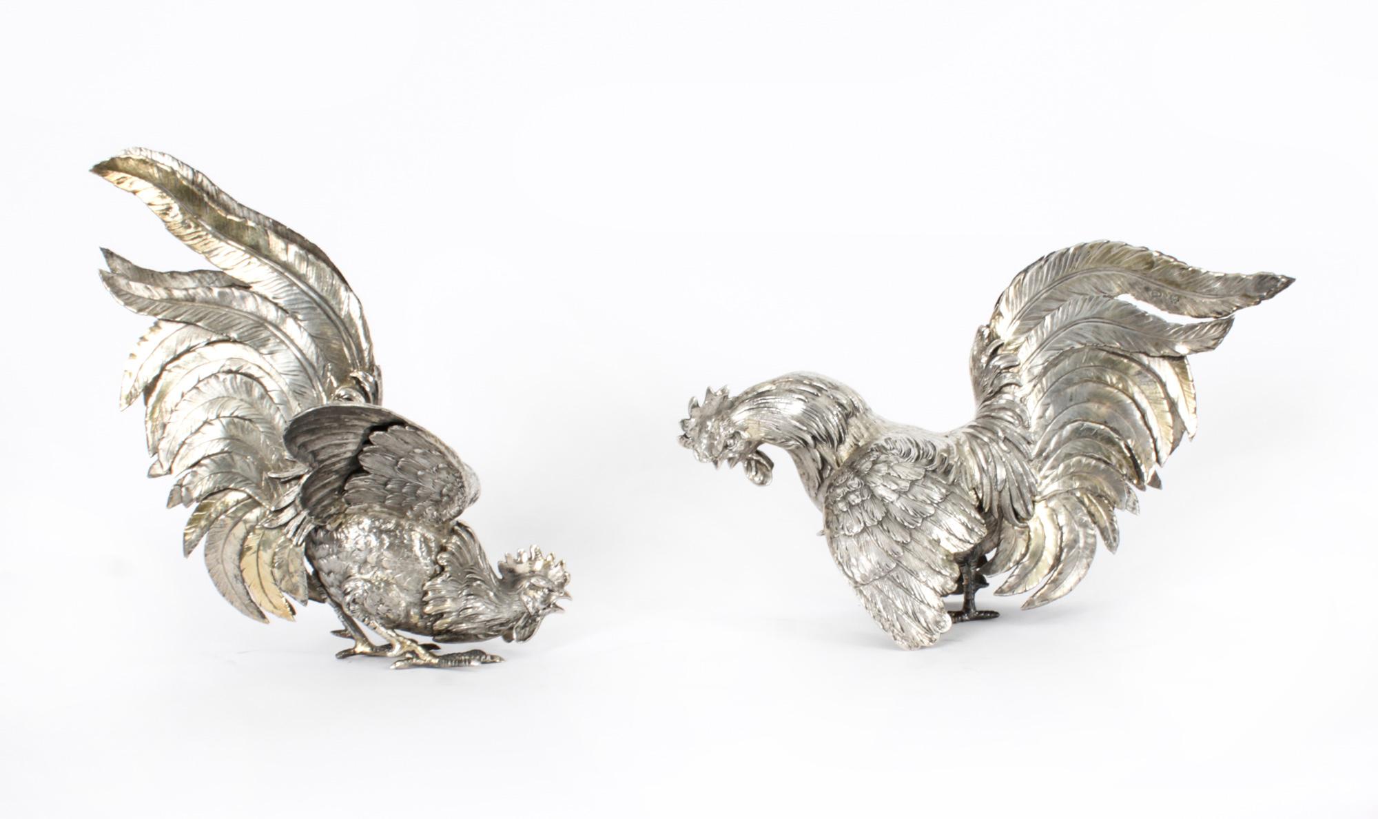 Antique Pair German Silver Fighting Cockerels 19th C at 1stDibs