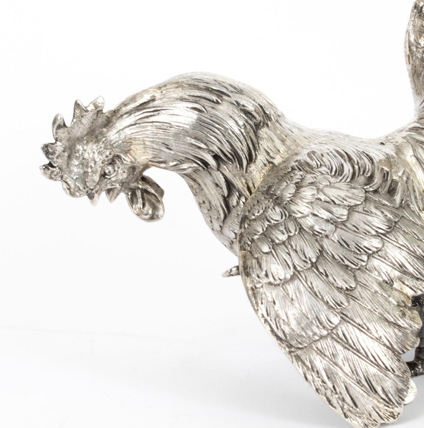 Antique Pair German Silver Fighting Cockerels 19th C at 1stDibs