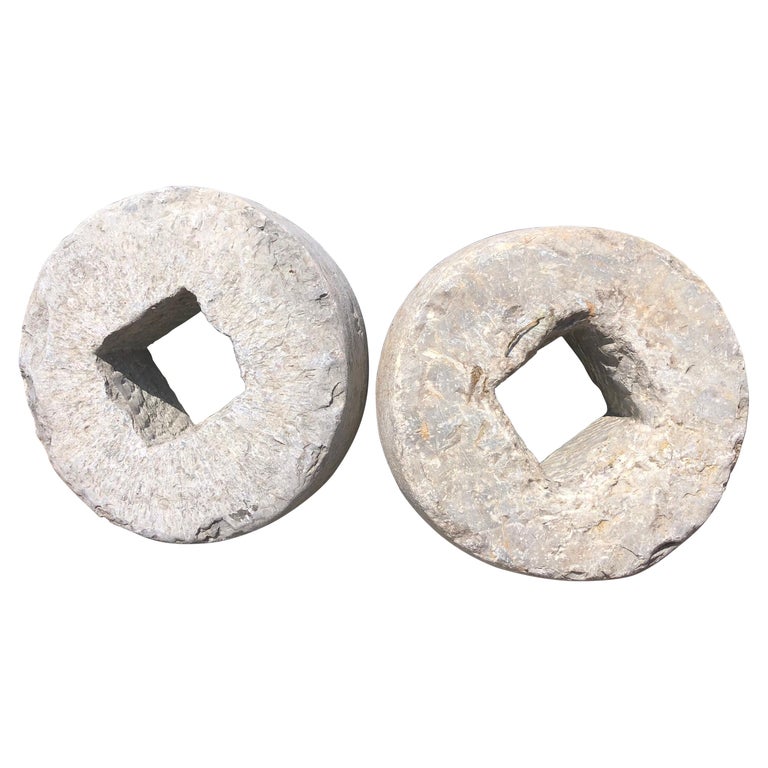Antique Pair Hand-Carved Cash Coin Garden Stones, 19th Century at 1stDibs