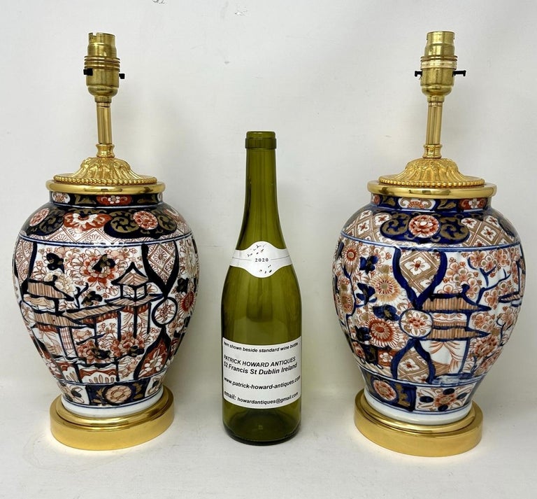 Antique Pair Japanese Chinese Imari Porcelain Ormolu Table Lamps Blue ...