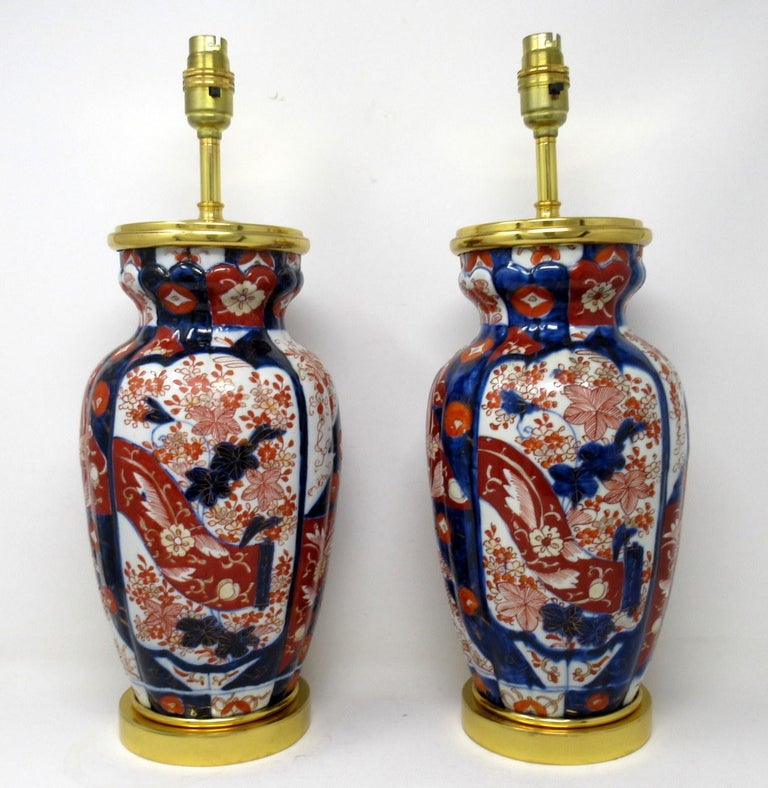 Antique Pair Japanese Chinese Imari Porcelain Ormolu Table Lamps Blue ...