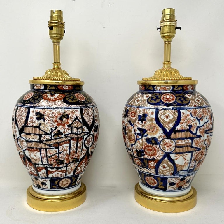 Antique Pair Japanese Chinese Imari Porcelain Ormolu Table Lamps Blue ...