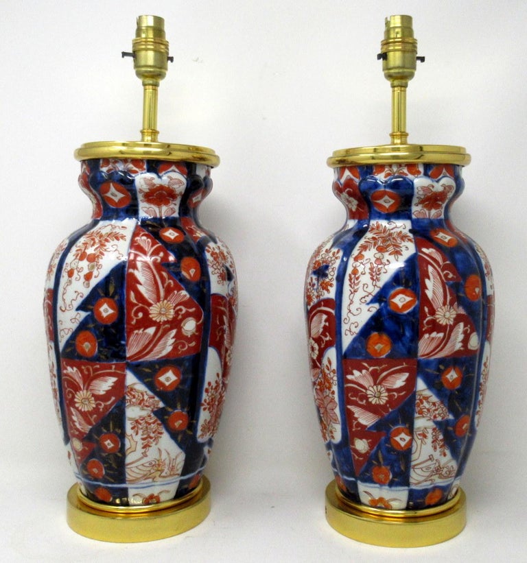 Antique Pair Japanese Chinese Imari Porcelain Ormolu Table Lamps Blue ...