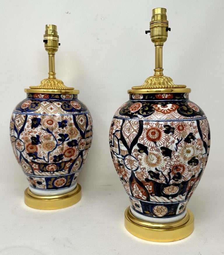 Antique Pair Japanese Chinese Imari Porcelain Ormolu Table Lamps Blue ...