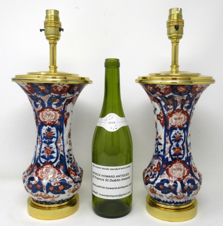 Antique Pair Japanese Chinese Imari Porcelain Ormolu Table Lamps Blue ...