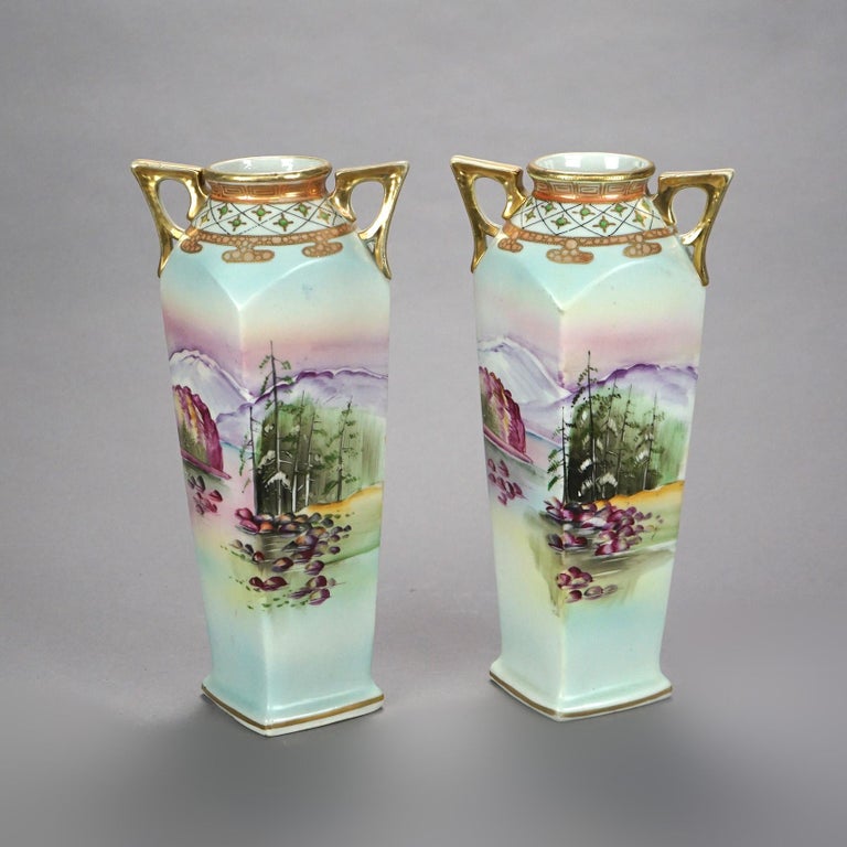 Antique Pair Japanese Nippon Porcelain Hand Painted Scenic Vases, circa ...