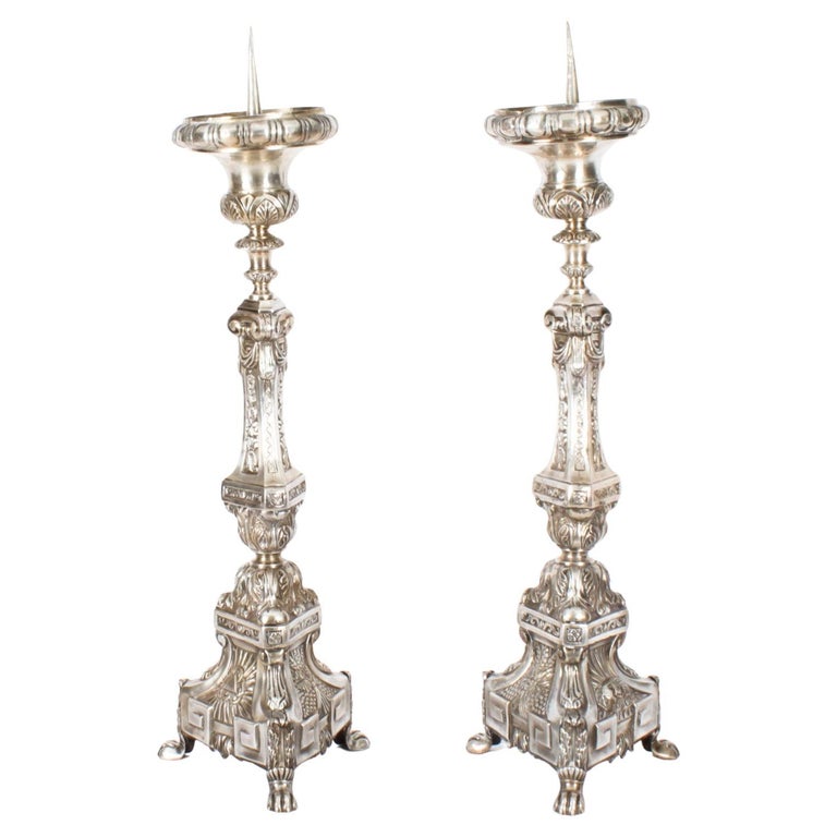 Antique Pair Large Baroque Silver Plated Ecclesiastical Candlesticks ...