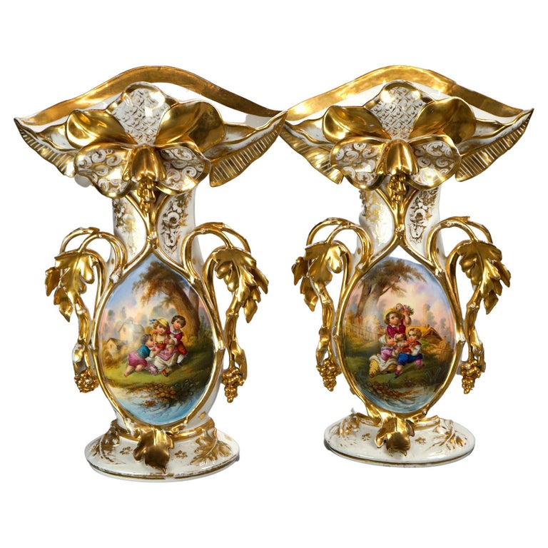 Antique Pair Large Old Paris Porcelain Oversized Hand Painted Scenic ...