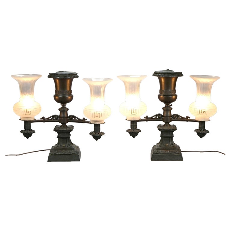 Antique Pair Messenger Co. Bronze Double Argand Lamps with Etched ...