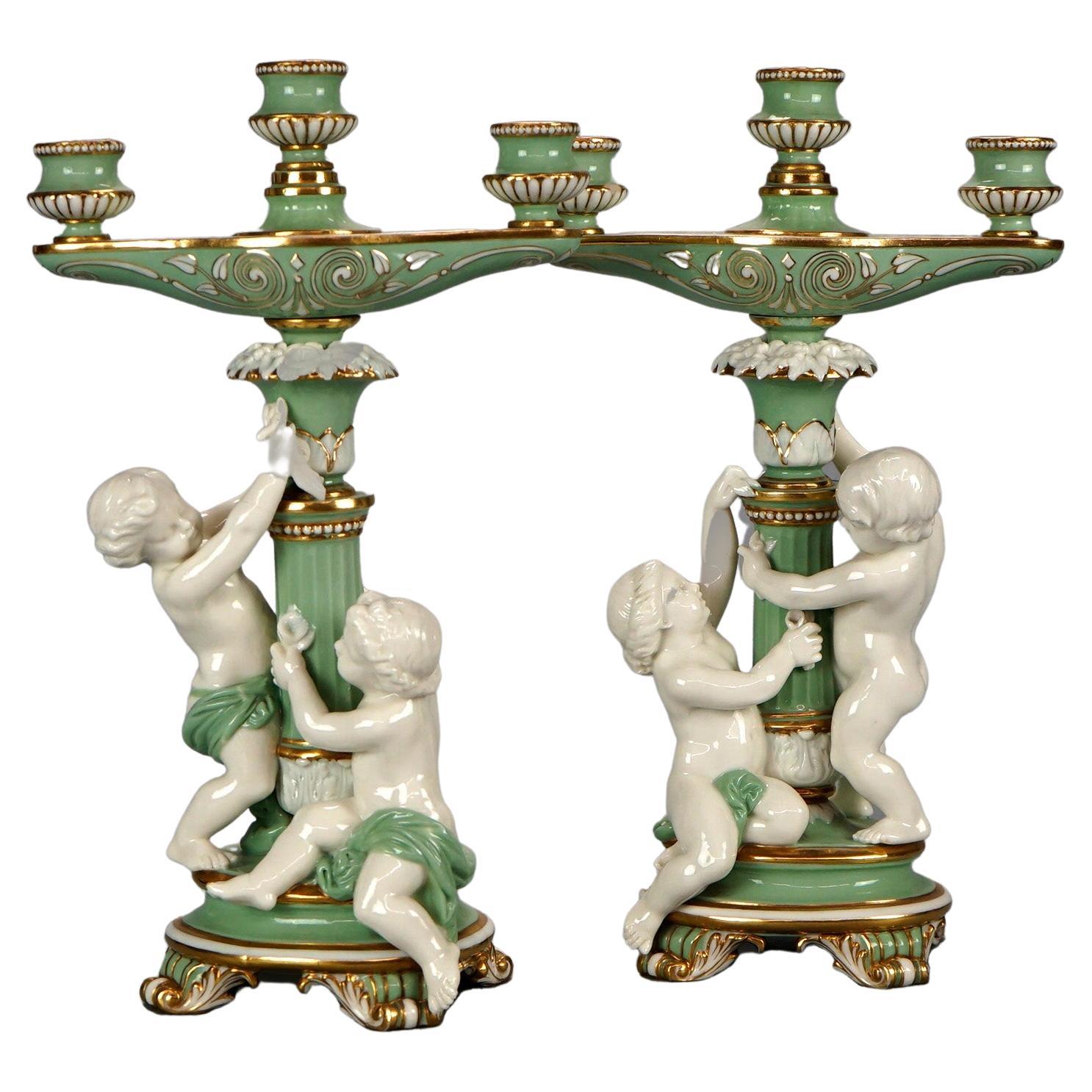 Antique Pair of Figural Brass Crystal and Marble Girandole Boy and Girl ...