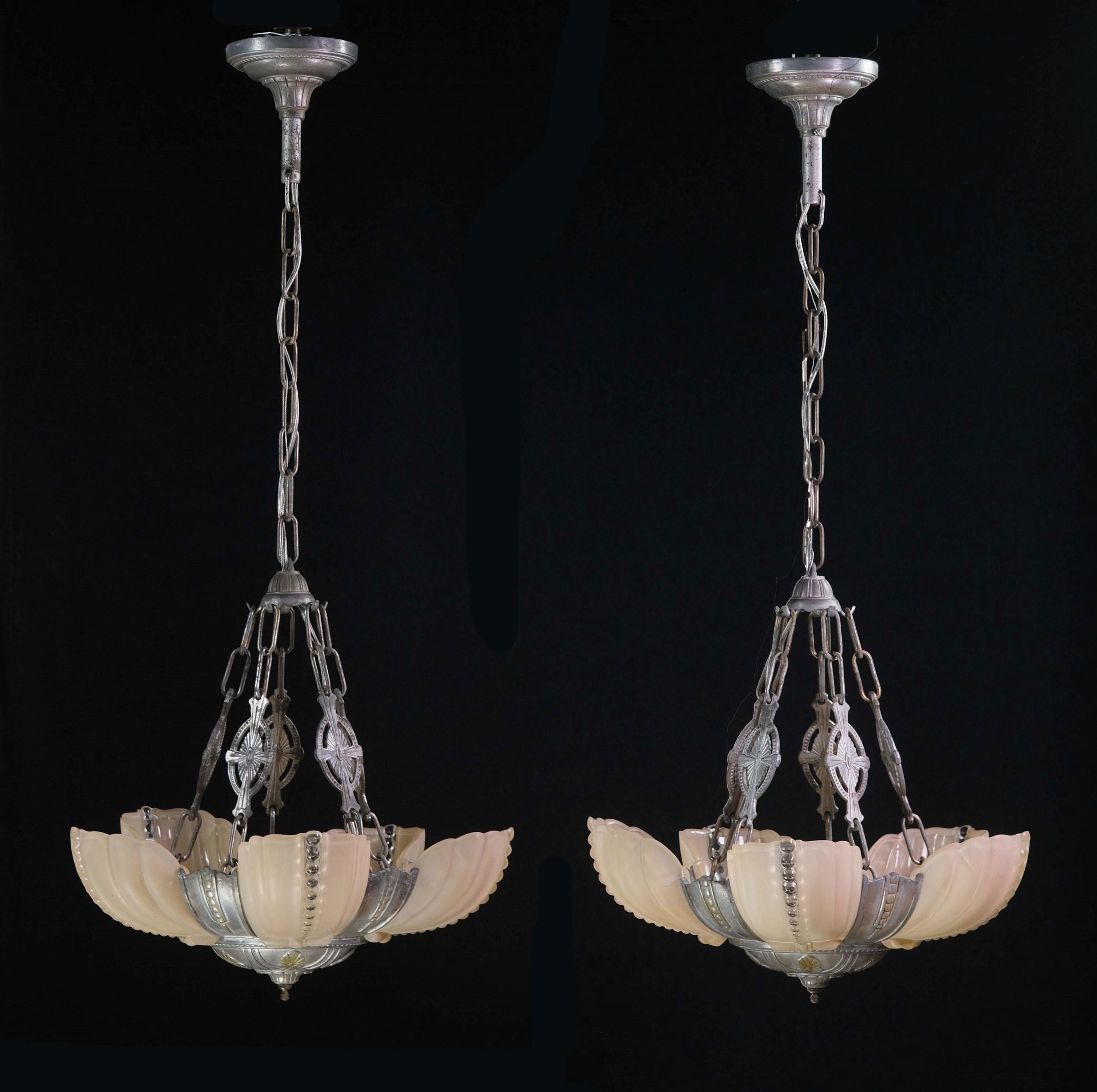 Antique Pair of Art Deco Chandeliers Glass Slip Shades For Sale at 1stDibs