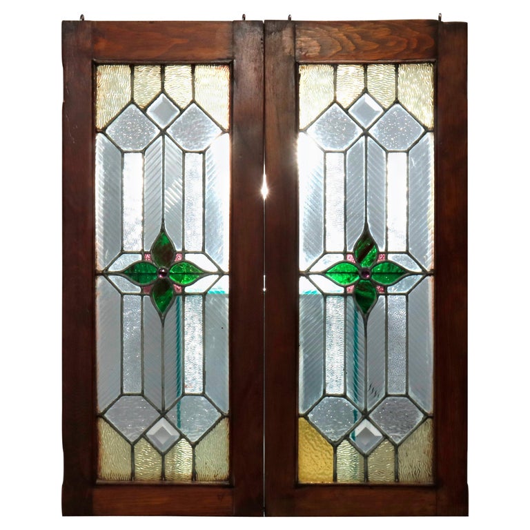 Antique Pair of Arts and Crafts Jeweled and Leaded Glass Windows, Circa ...