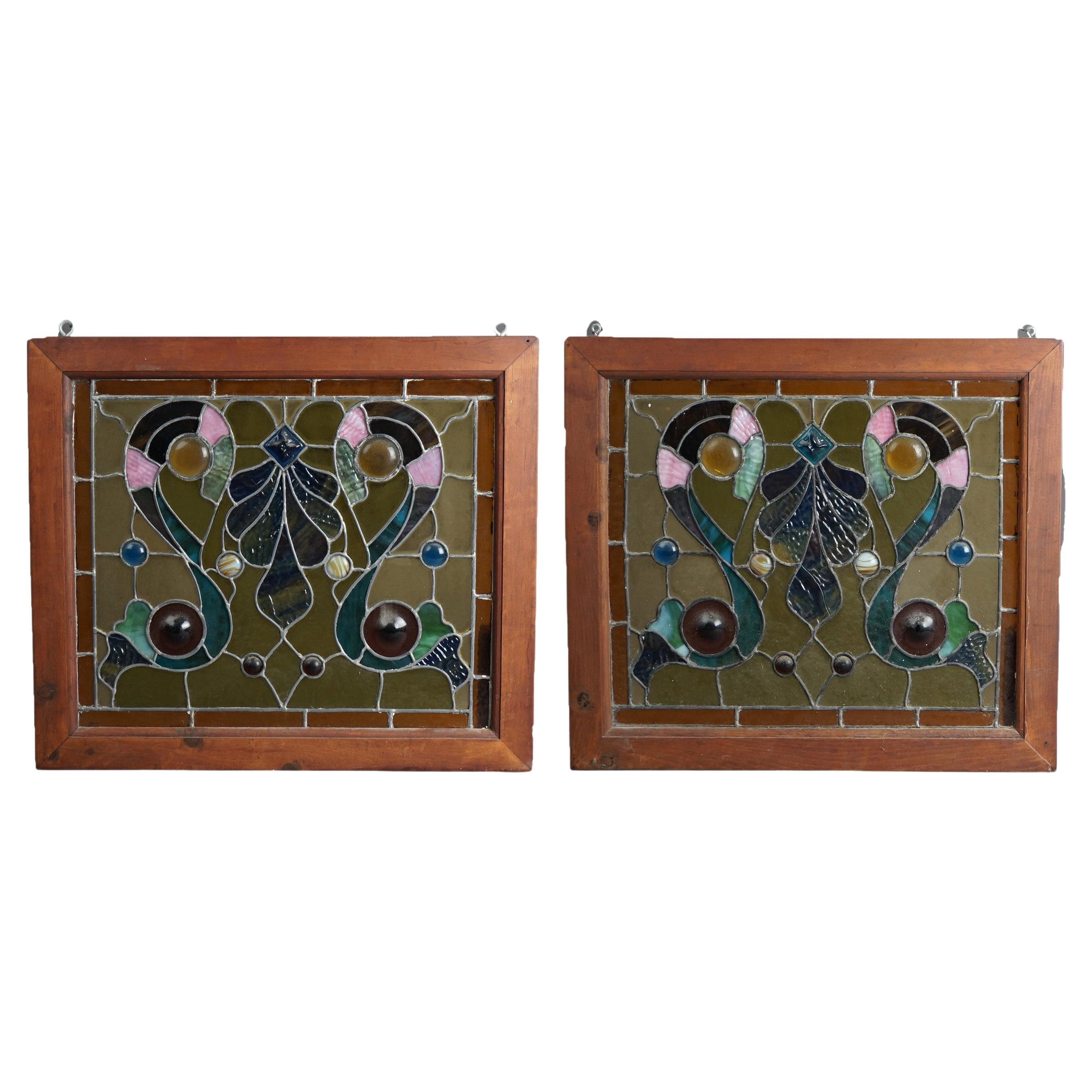 Antique Pair of Arts and Crafts Leaded, and Stained Glass Stylized ...