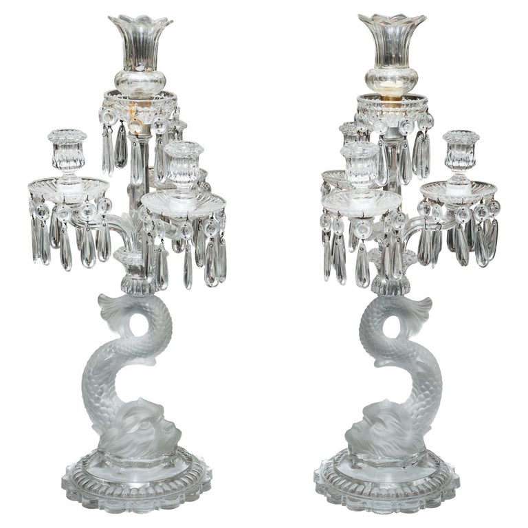 Antique Pair of Signed Baccarat Dolphin Clear Crystal Three Armed ...