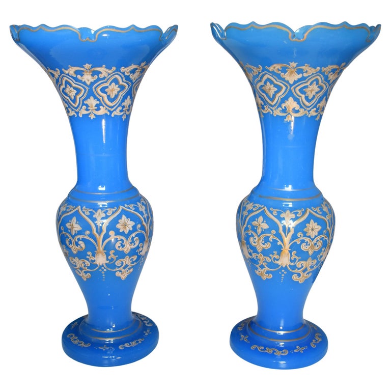 Antique Pair of Blue Opaline Enameled Glass Vases, 19th Century For ...