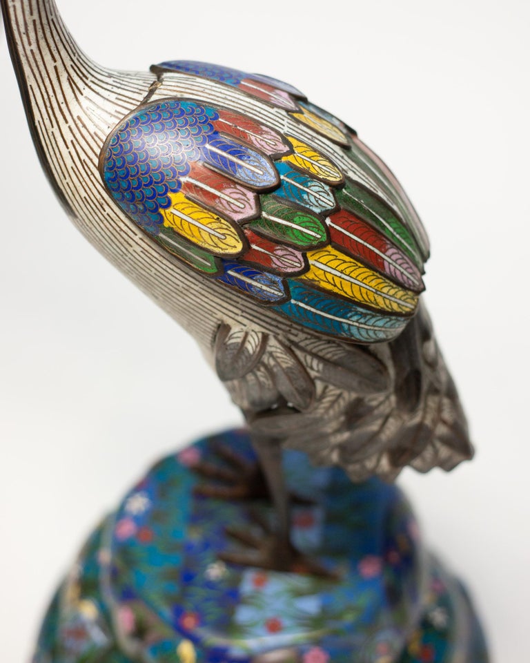 Antique Pair of Blue, White and Multicoloured Cloisonné Cranes For Sale ...