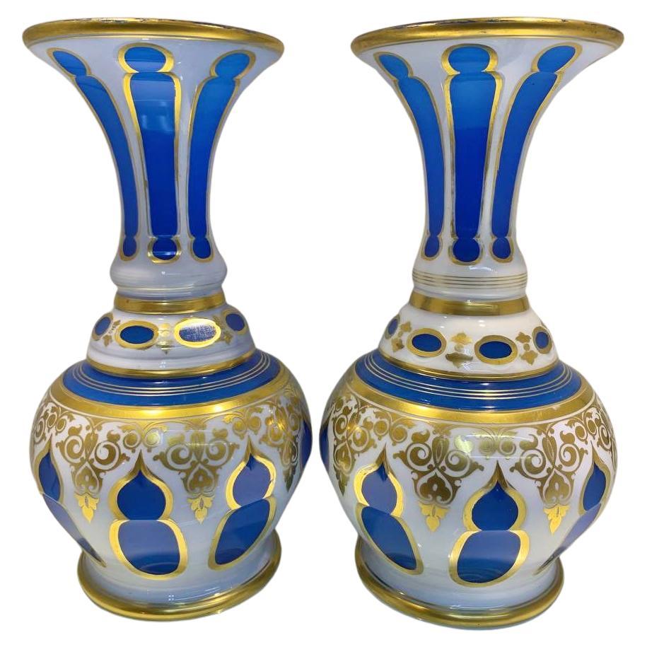 Antique Pair of Opaline Overlay Enamelled Glass Vases, Moser, 19th ...
