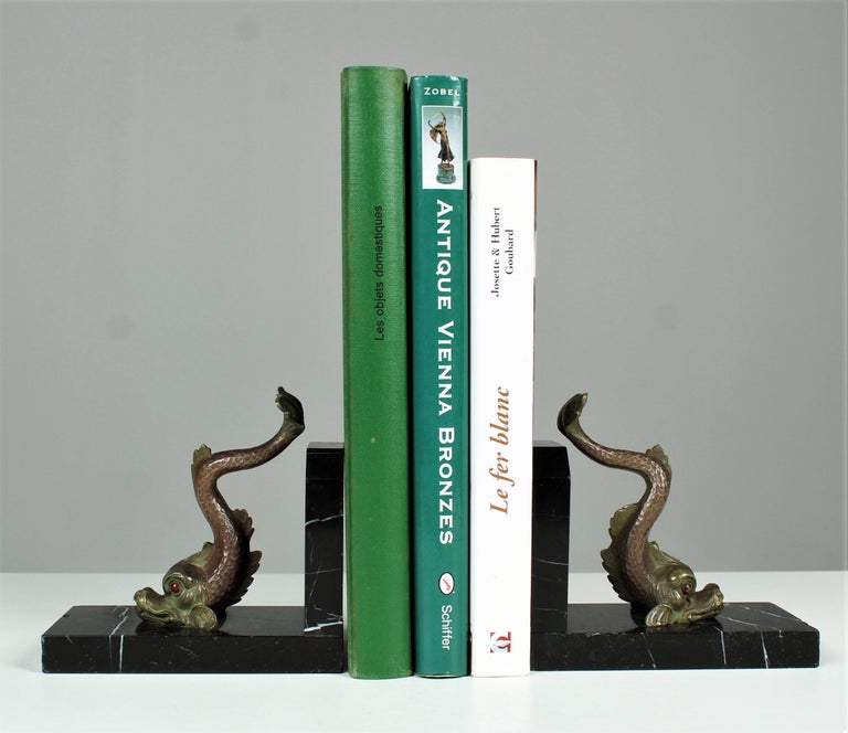 Antique Pair of Bookends, Fish, Mythical Creatures, Bronze on Marble ...