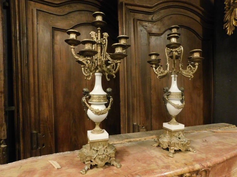 Antique Pair of Candelabra, 4 Bronze and Ceramic Arms, Carved Putti ...