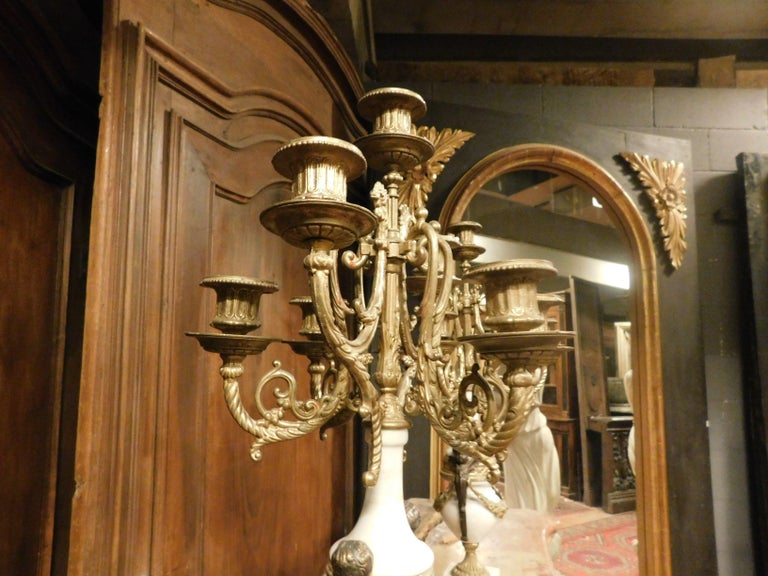 Antique Pair of Candelabra, 4 Bronze and Ceramic Arms, Carved Putti ...