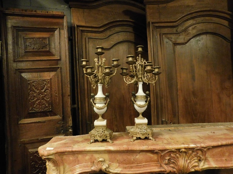 Antique Pair of Candelabra, 4 Bronze and Ceramic Arms, Carved Putti ...