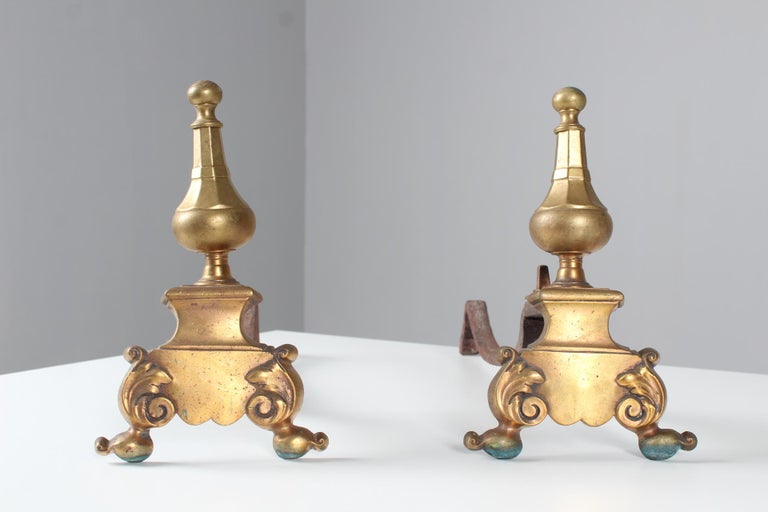 Antique Pair of Chimney Dogs, Andiron, Brass For Sale at 1stDibs