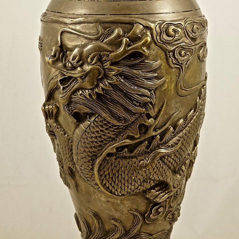 Antique Pair of Chinese Brass Dragon and Phoenix Vases For Sale at 1stDibs