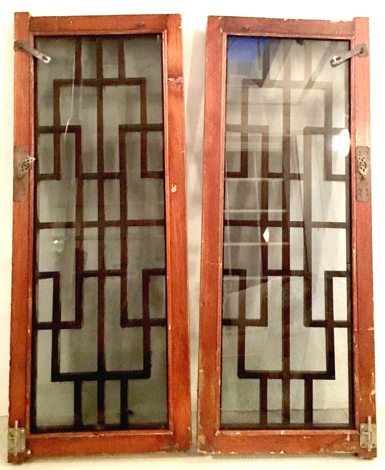 Antique Pair Of Chinese Geometric Carved Mahogany and Smoke Glass ...