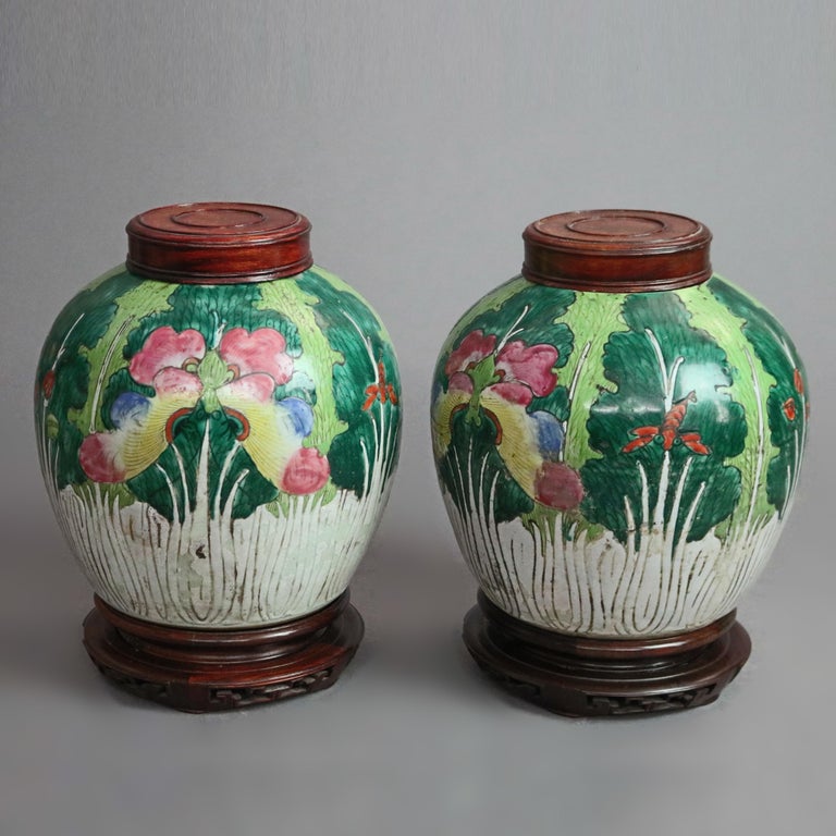 Antique Pair of Chinese Porcelain Urns with Stylized Flowers, circa ...