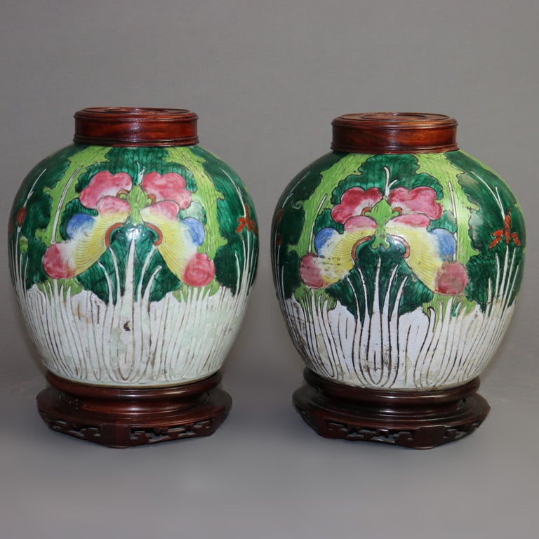 Antique Pair of Chinese Porcelain Urns with Stylized Flowers, circa ...
