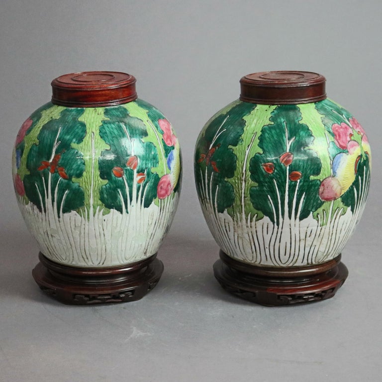 Antique Pair of Chinese Porcelain Urns with Stylized Flowers, circa ...