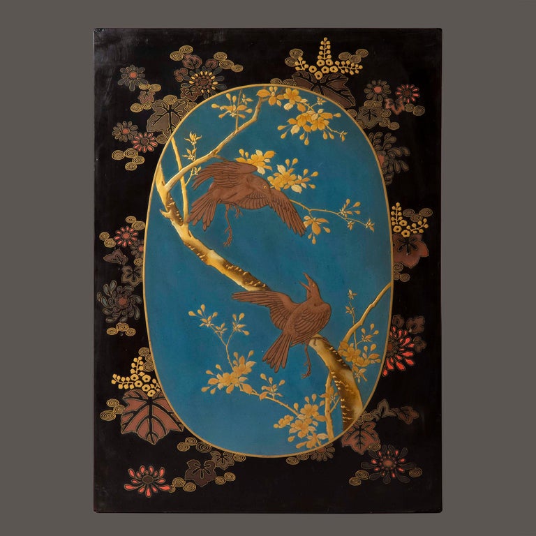Antique Pair of Chinoiserie Lacquer Panels Pictures of Birds and Cherry ...