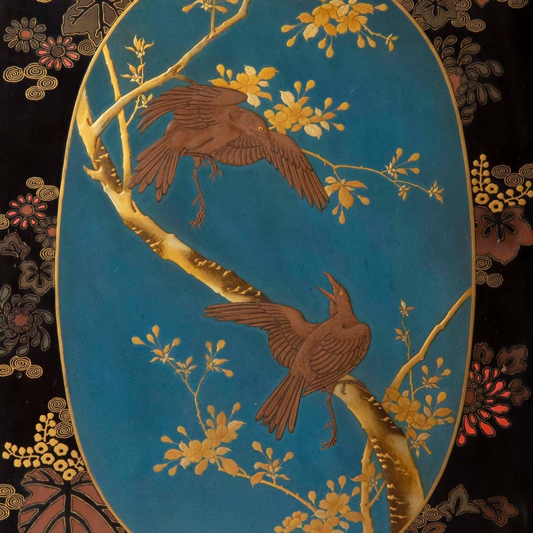Antique Pair of Chinoiserie Lacquer Panels Pictures of Birds and Cherry ...