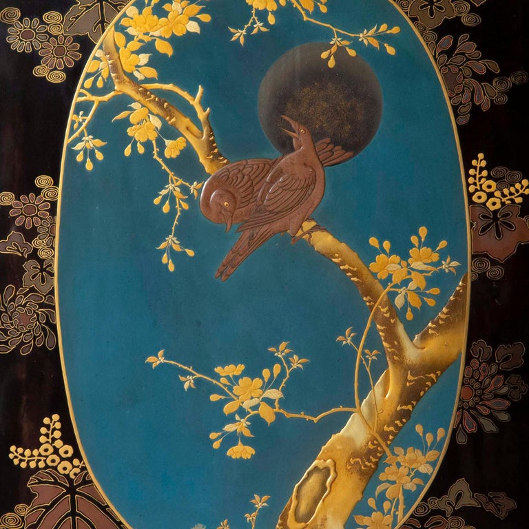 Antique Pair of Chinoiserie Lacquer Panels Pictures of Birds and Cherry ...