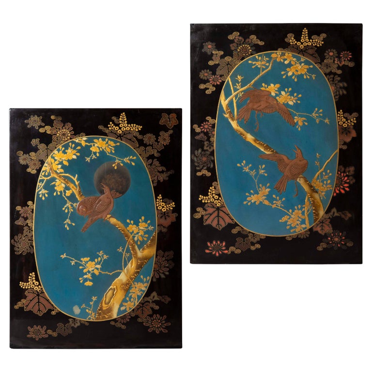 Antique Pair of Chinoiserie Lacquer Panels Pictures of Birds and Cherry ...