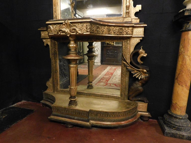 Antique Pair of Console Tables with Gothic Neogothic Mirror, Gold Wood ...