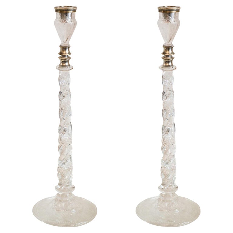 Antique Pair of Crystal and Silver Candlesticks For Sale at 1stDibs
