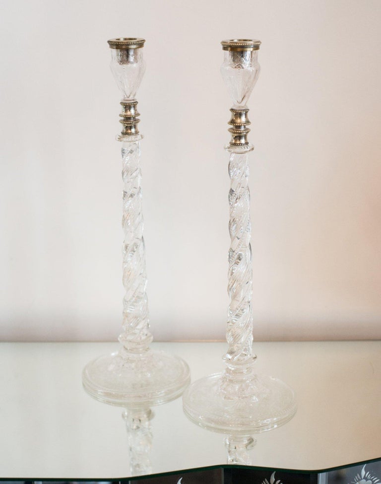 Antique Pair of Crystal and Silver Candlesticks For Sale at 1stDibs