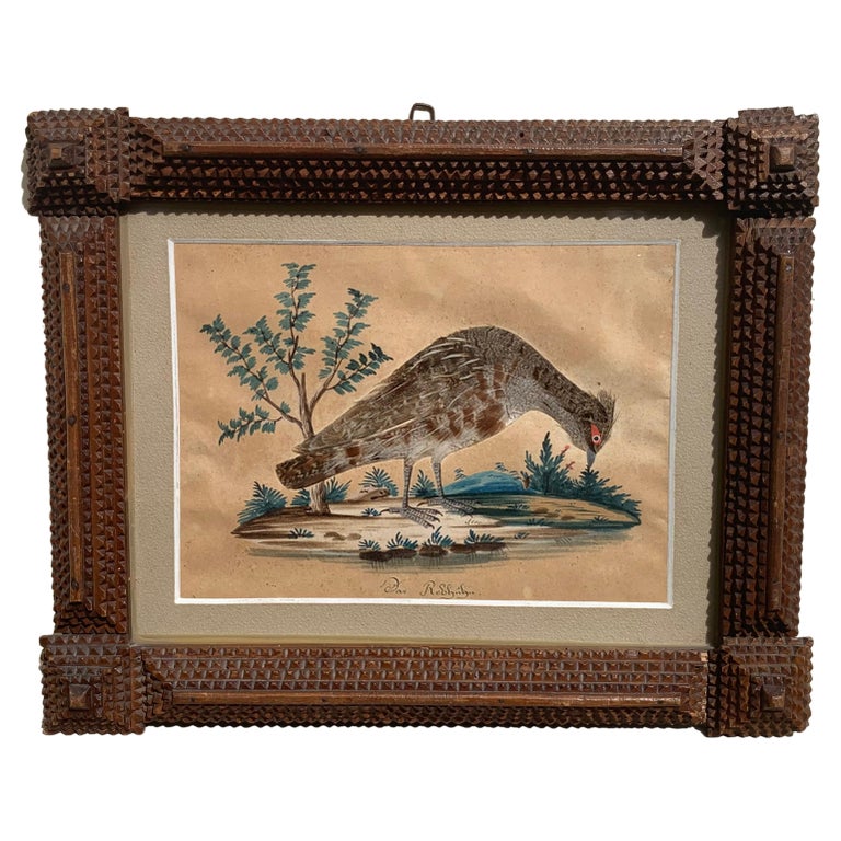 Antique Pair of Folk Art Collages Paintings of Partridges in Tramp Art ...