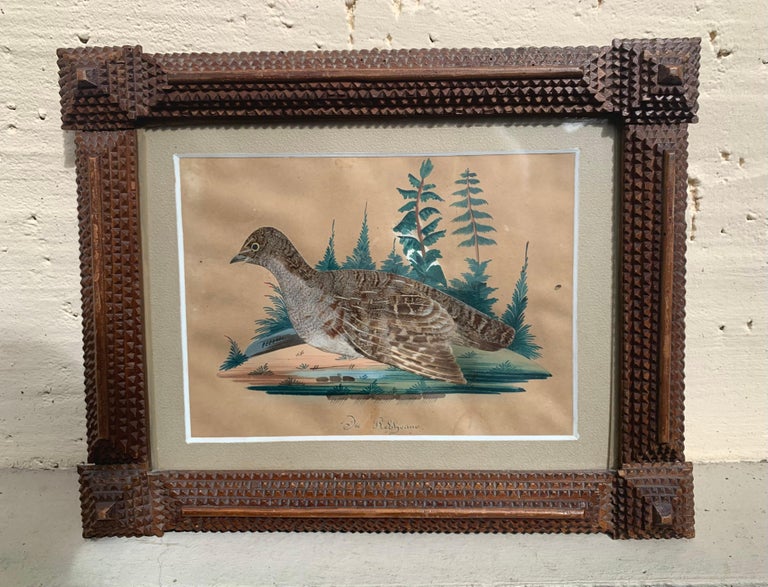 Antique Pair of Folk Art Collages Paintings of Partridges in Tramp Art ...