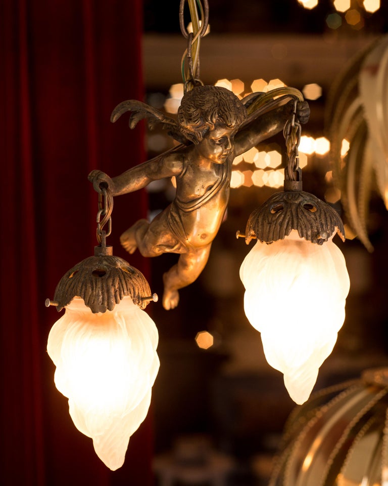Antique Pair of French Gold Bronze and Glass Cherub Pendant Lights For ...