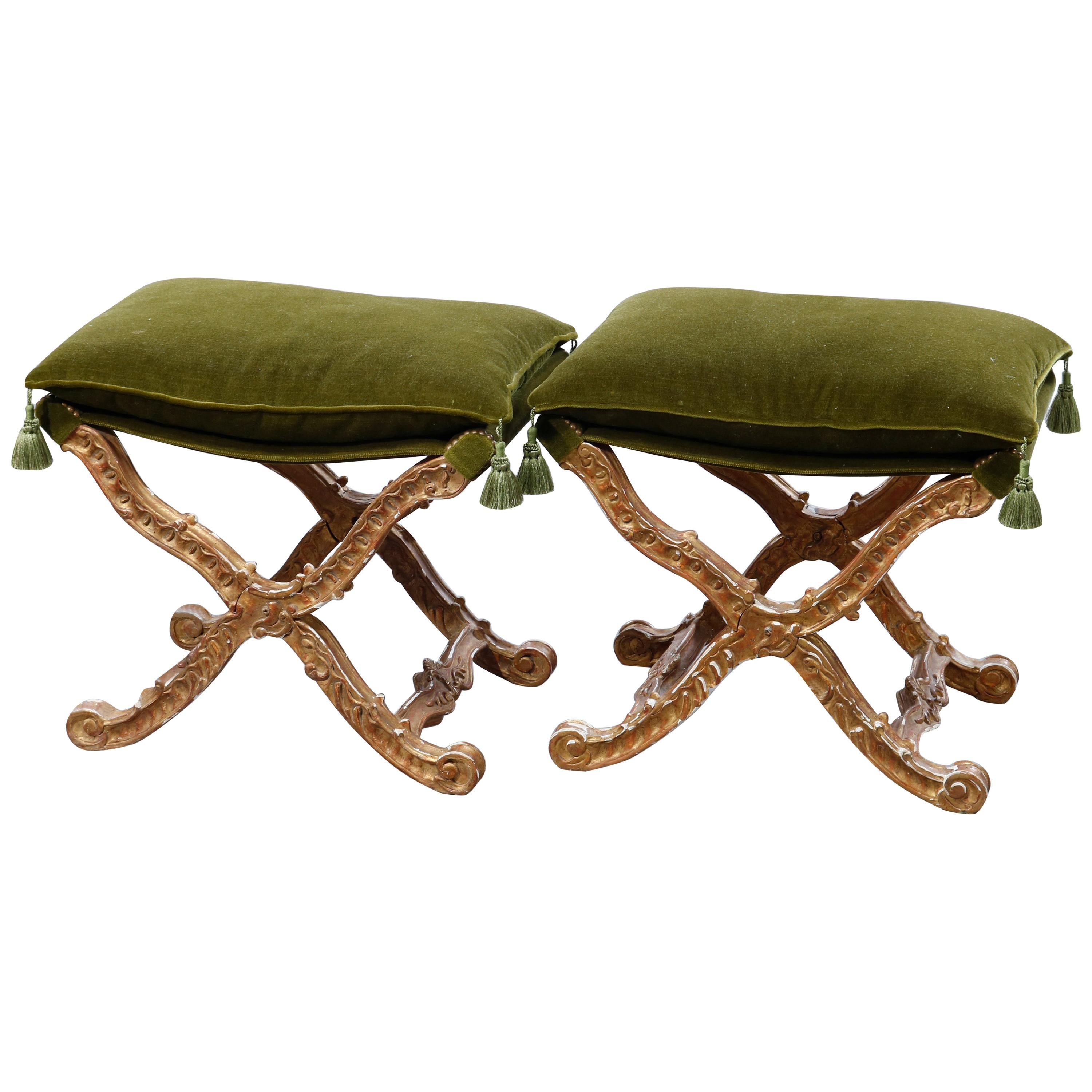 Antique Pair of French Giltwood Rococo Curule Benches, 19th Century at ...