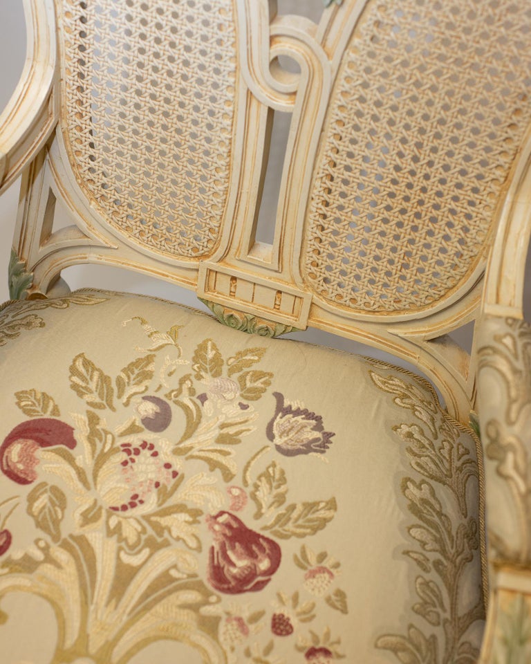 Antique Pair of French Handpainted Creme and Multicolour Brocade Chairs ...