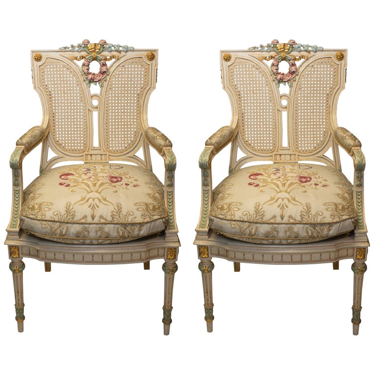 Antique Pair of French Handpainted Creme and Multicolour Brocade Chairs ...