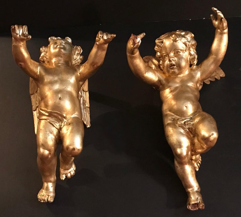 Antique Pair of Hanging Italian Hand Carved Wood Gilded Putti, Cherub ...