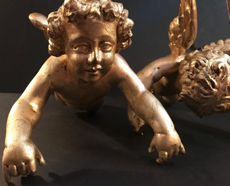 Antique Pair of Hanging Italian Hand Carved Wood Gilded Putti, Cherub ...