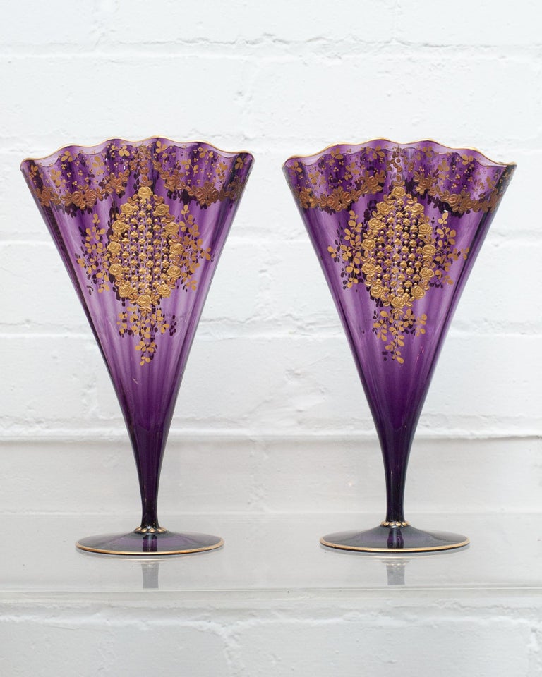 Antique Pair of Moser Amethyst Fan Vases with Elaborate Gilding For ...
