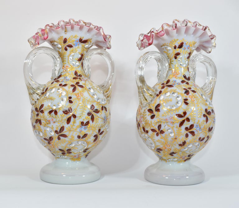 Antique Pair of Opaline Overlay Enamelled Glass Vases, Moser, 19th ...
